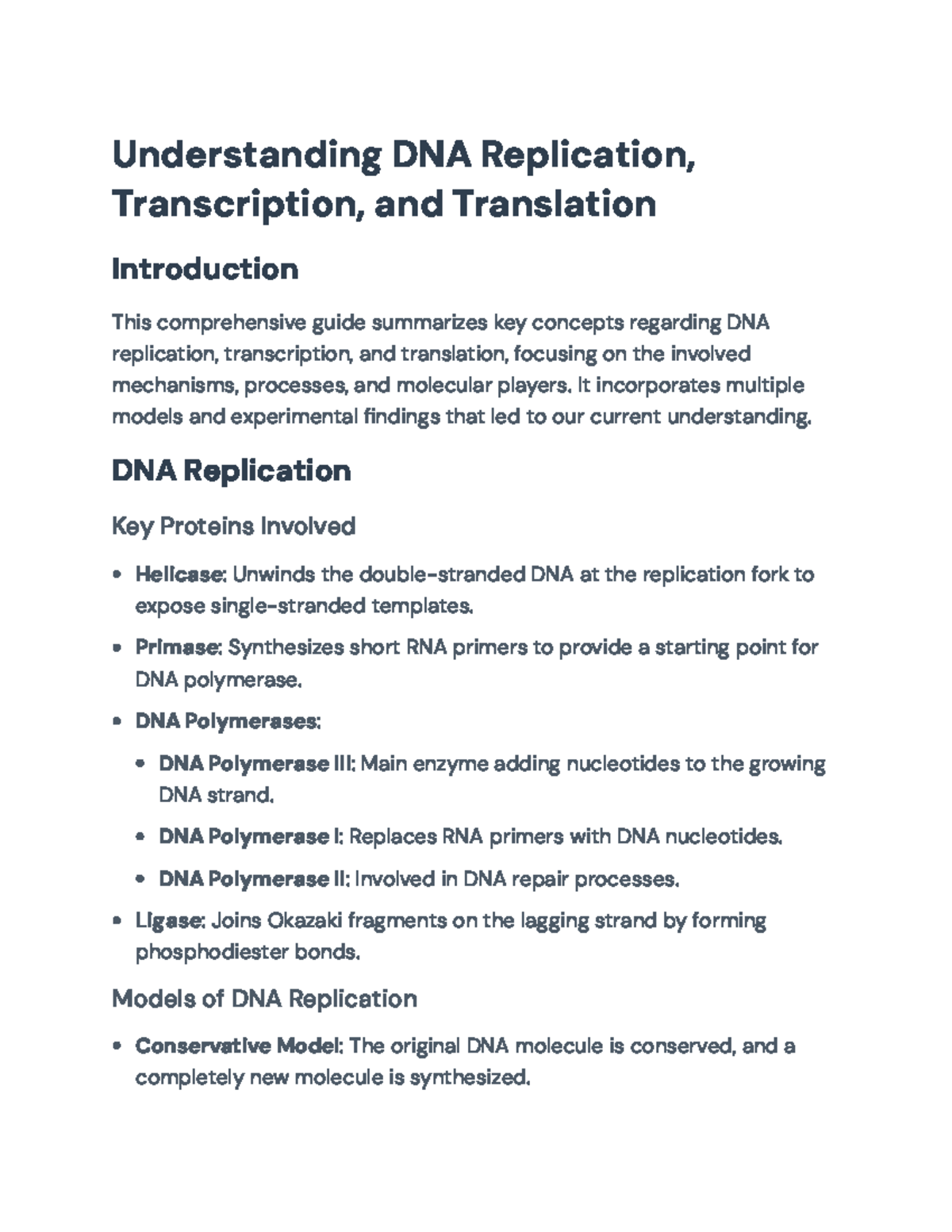 Molecular Biology Concepts: DNA Replication, Transcription ...