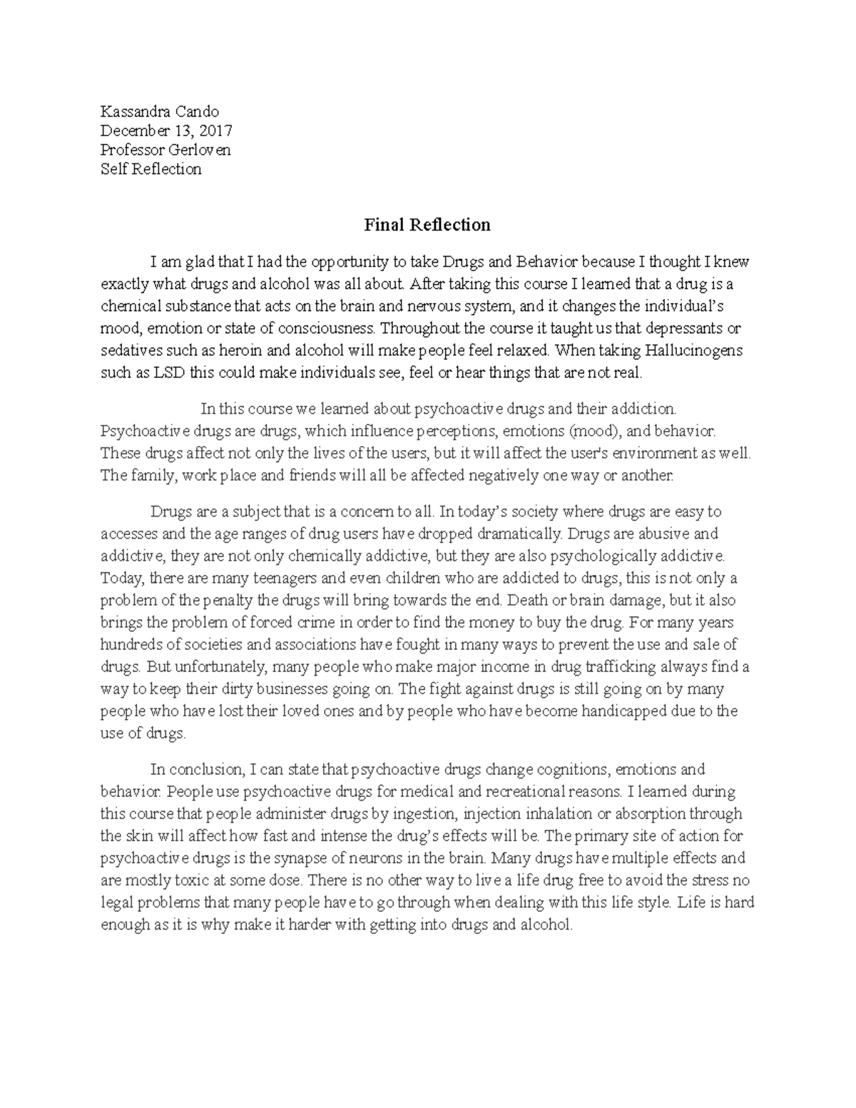 Drugs and Behavior: Final Reflection Paper by Kassandra Cando - Studocu