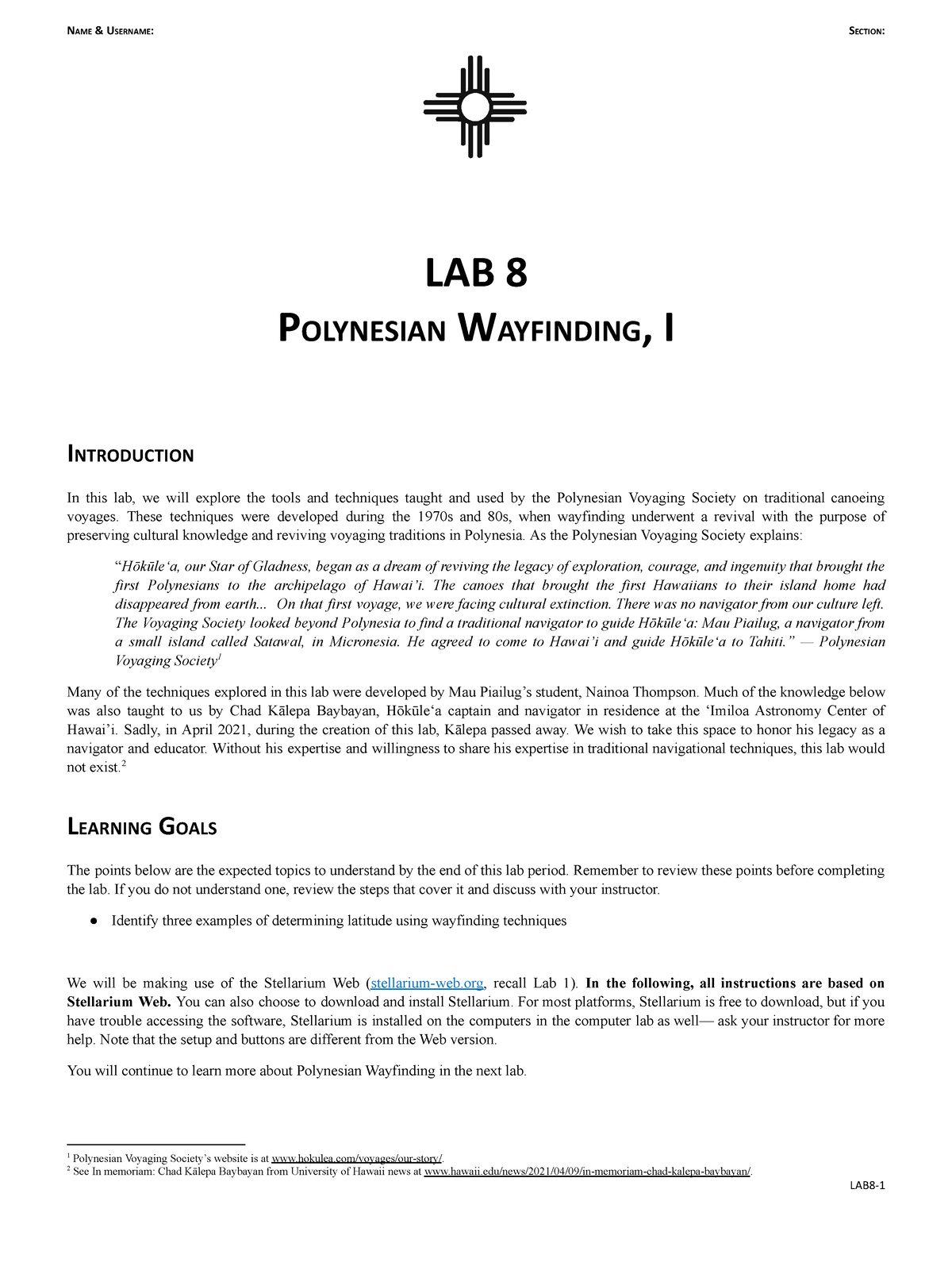 AST201L - Lab 8: Techniques of Polynesian Wayfinding Exploration - Studocu