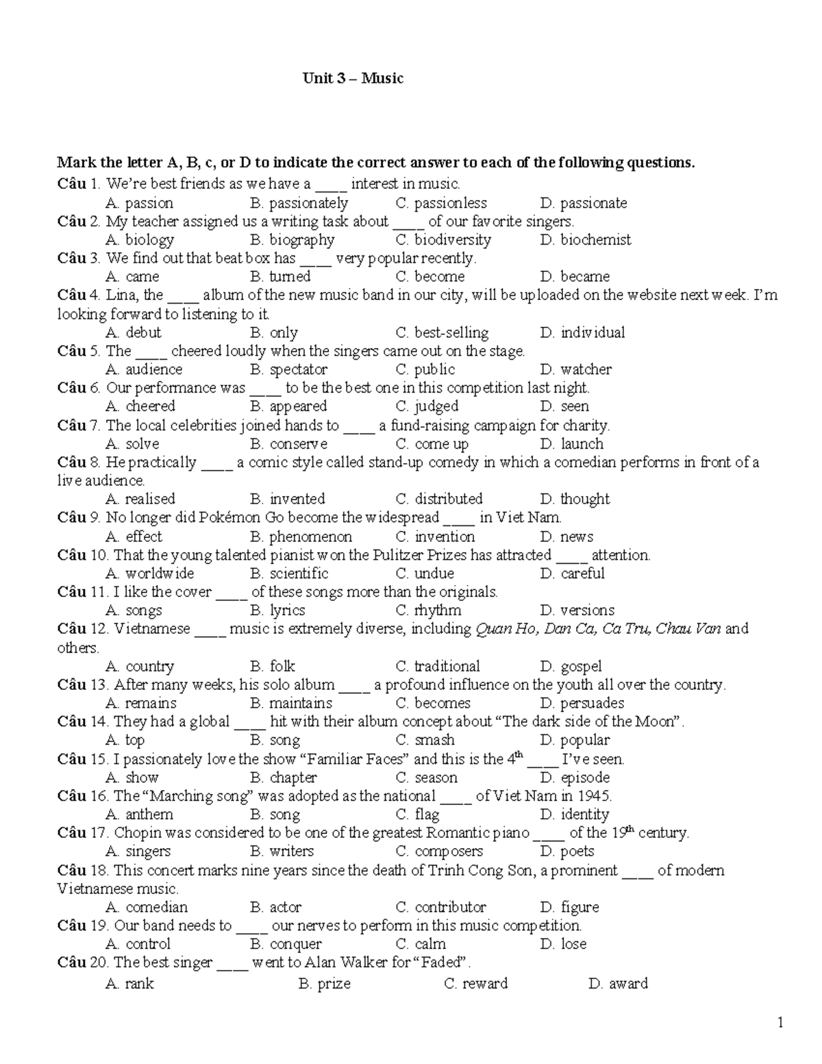 Unit 3 Music Quiz - Answer Key and Practice Questions - Studocu