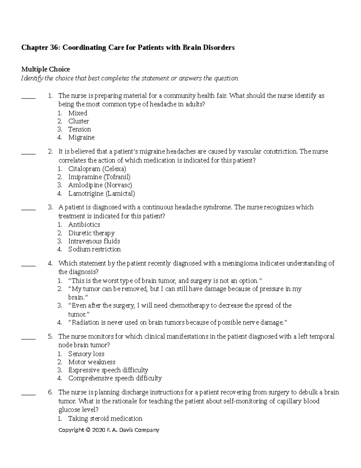 Ch36 Med Surg Test Bank - Brain Disorders Assessment Questions - Studocu