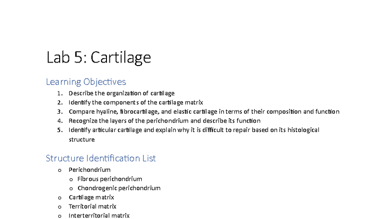 Lab 5: Cartilage Structure & Function Analysis - Studocu