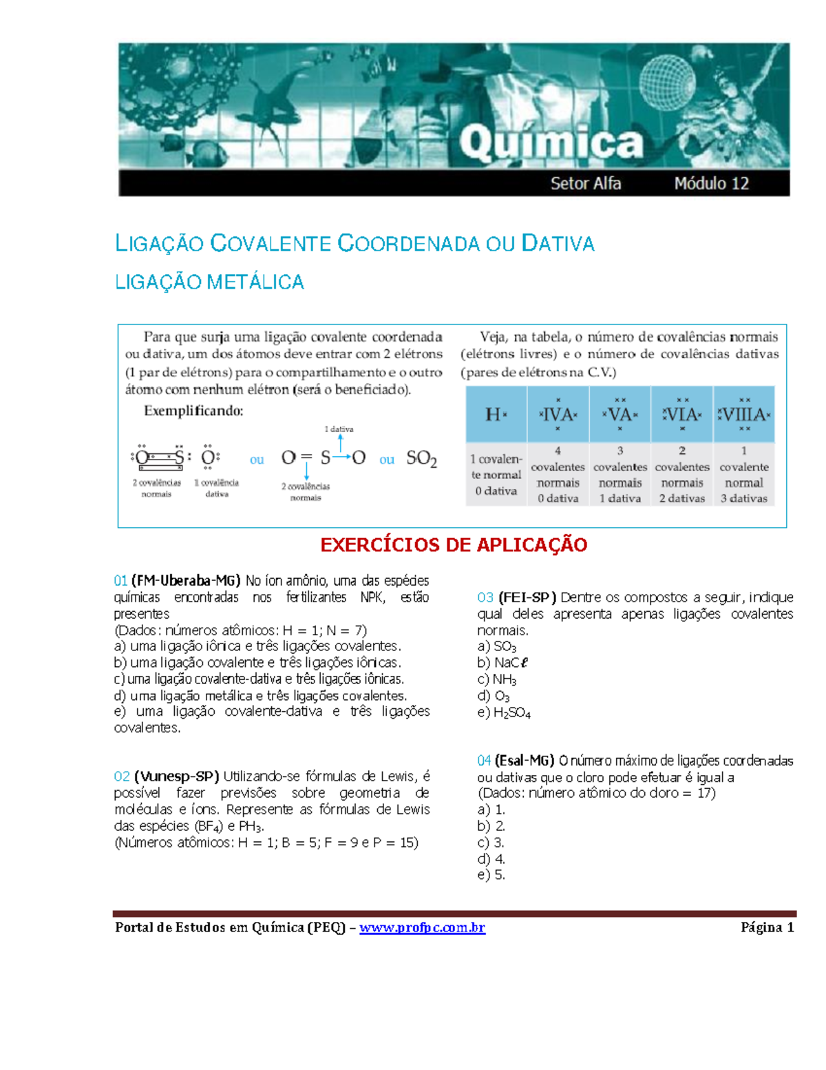 Exercícios de Aplicação sobre Ligações Químicas - Química 3 - Studocu