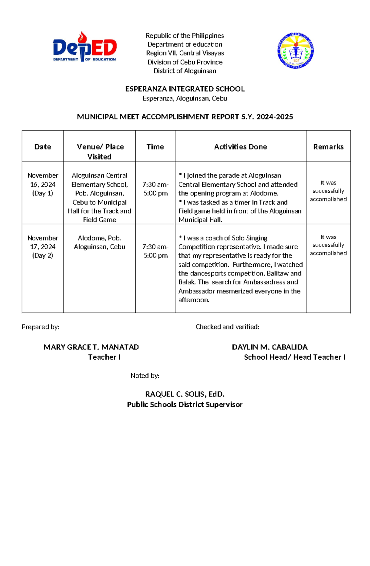 Municipal Meet Accomplishment Report S. 2024-2025: Key Activities ...