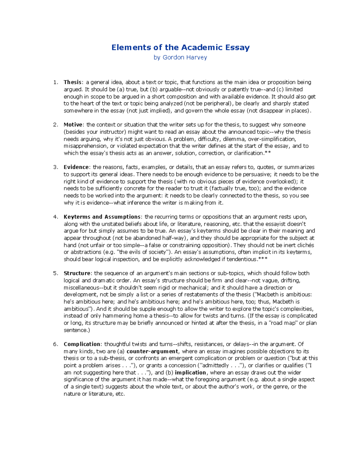 Elements of the Academic Essay (ENG 101) - Key Concepts and Structure ...
