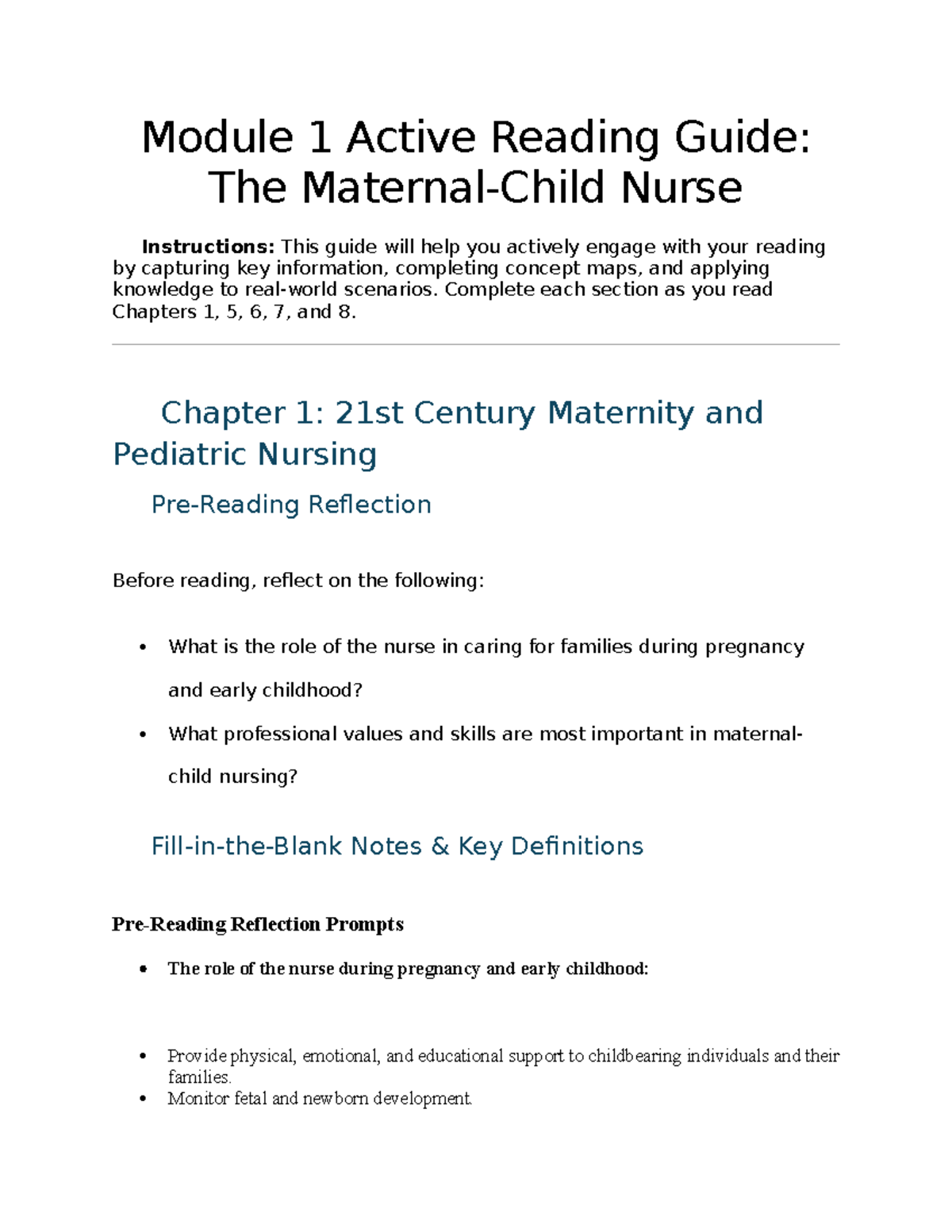 NUR2513 Module 1 Active Reading Guide: Maternal-Child Nursing ...