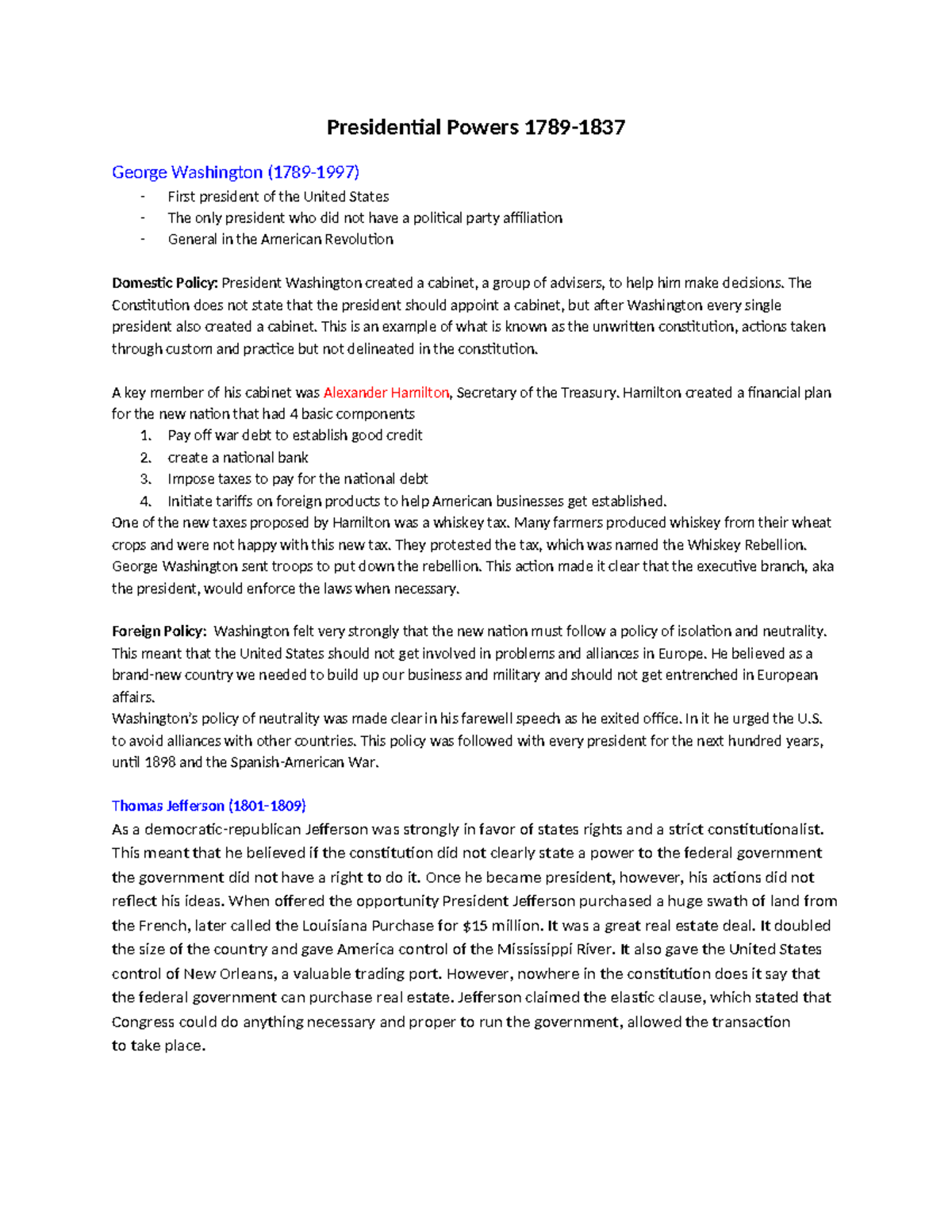 Presidential Powers and Policies (1789-1837) - Exam Notes - Studocu