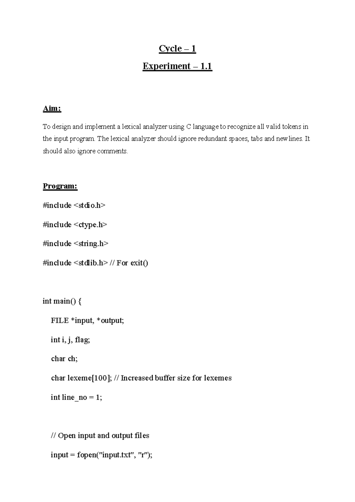 Cycle 1 - Lexical Analyzer Implementation in C - Studocu