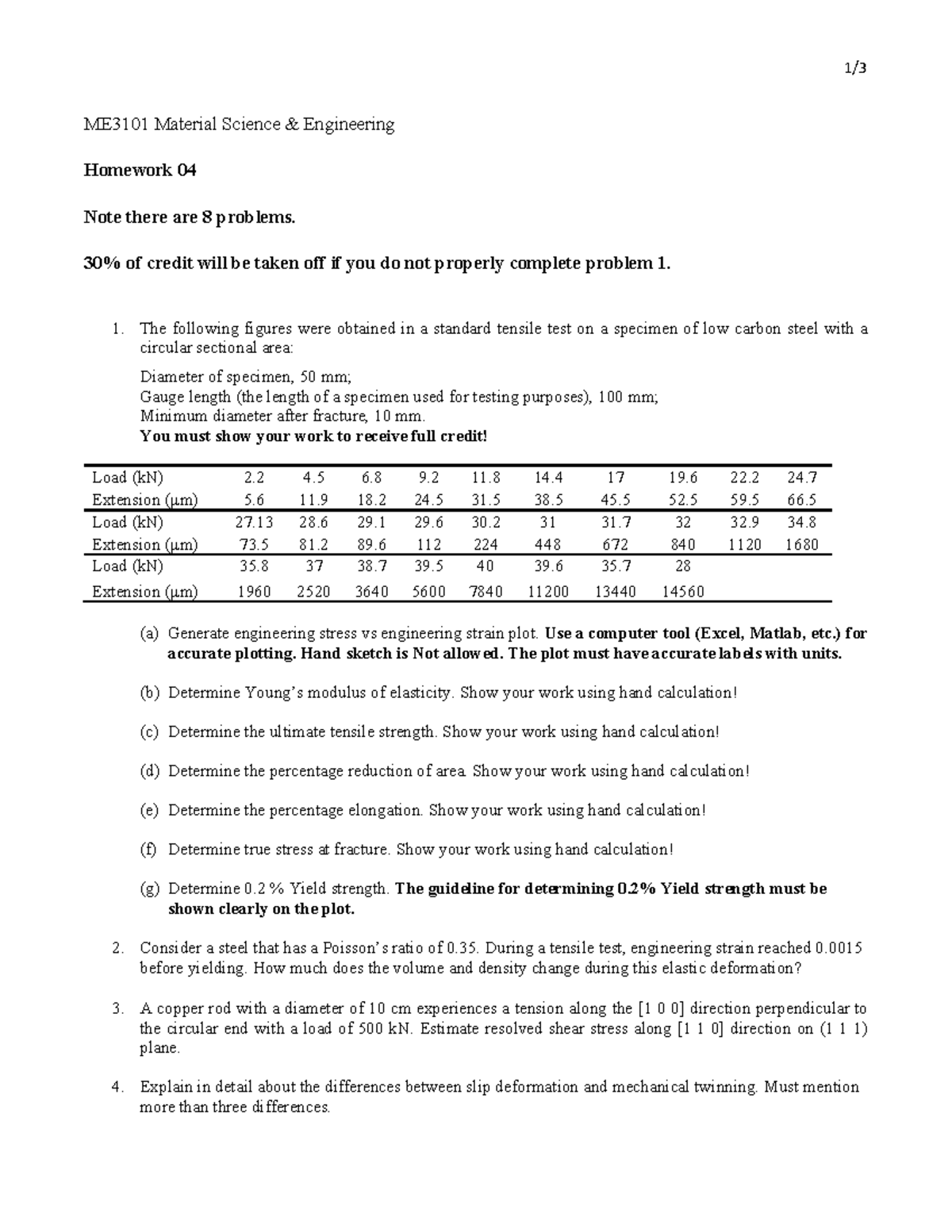 ME3101 HW 04 - Material Science & Engineering Problems Worksheet - Studocu