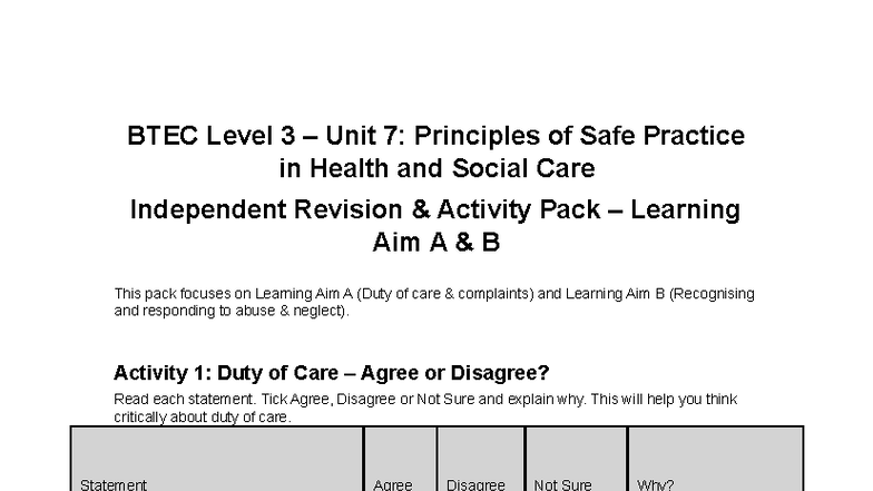BTEC Level 3 Unit 7: Safe Practice in Health & Social Care Revision ...