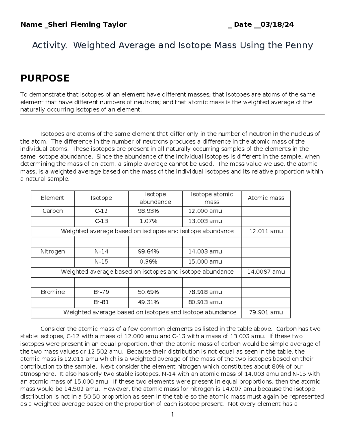 Isotope Mass Calculation Activity Using Pennies - Chem101 Lab - Studocu