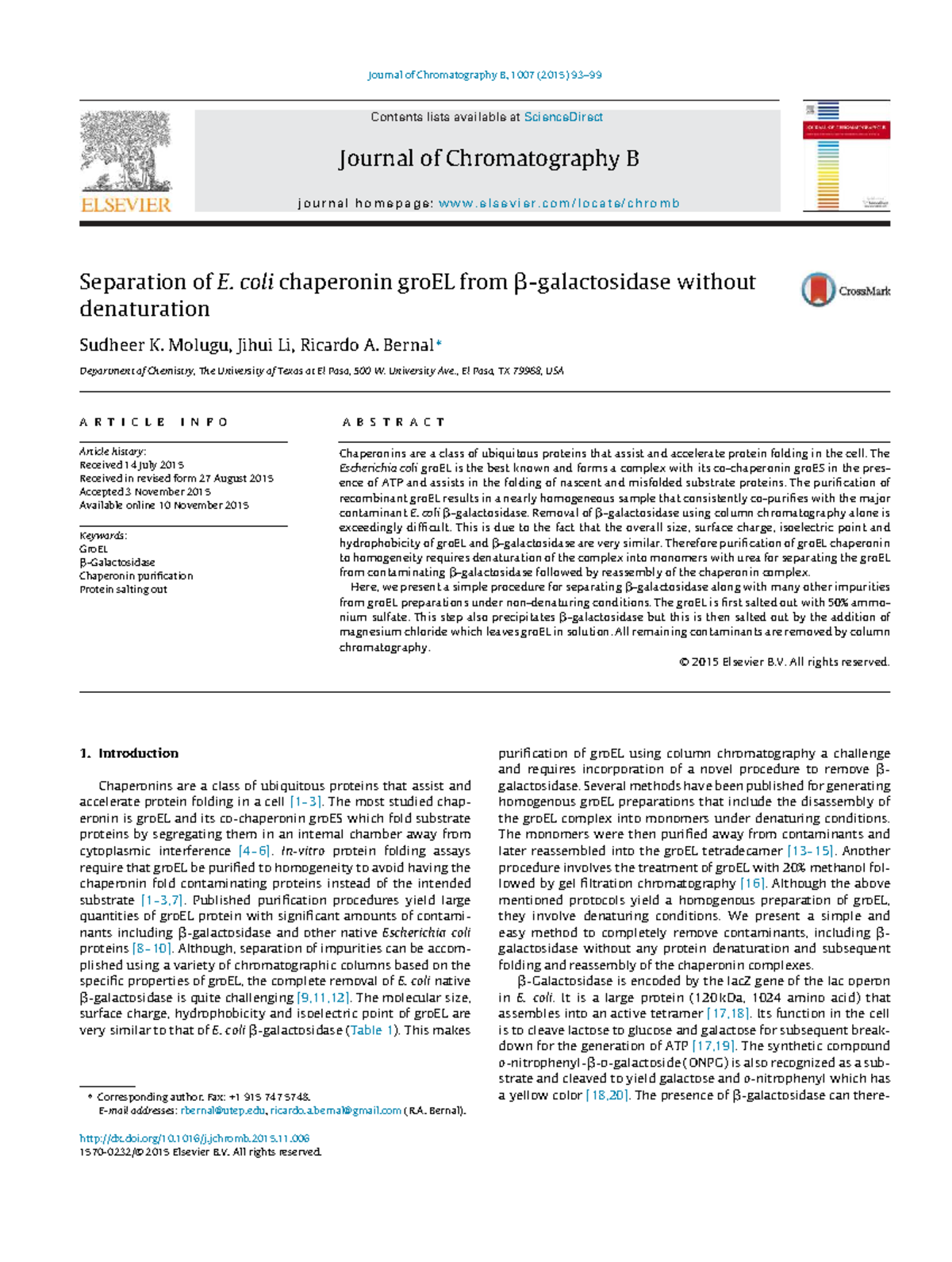 Separation of E. coli chaperonin groEL without denaturation (Chem 1007 ...