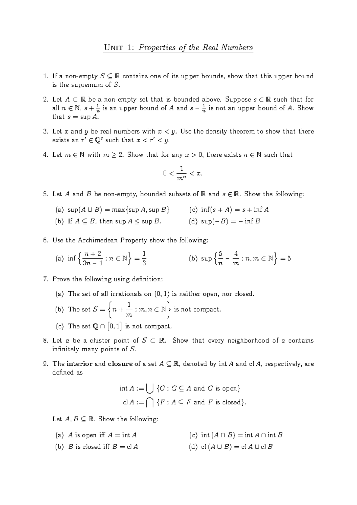 Exercise 1: Properties of Real Numbers (Unit 1) - Studocu