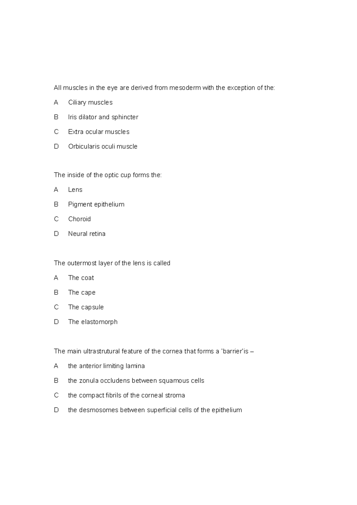 Ophthalmic Anatomy and Physiology: MCQ Practice Questions Review - Studocu