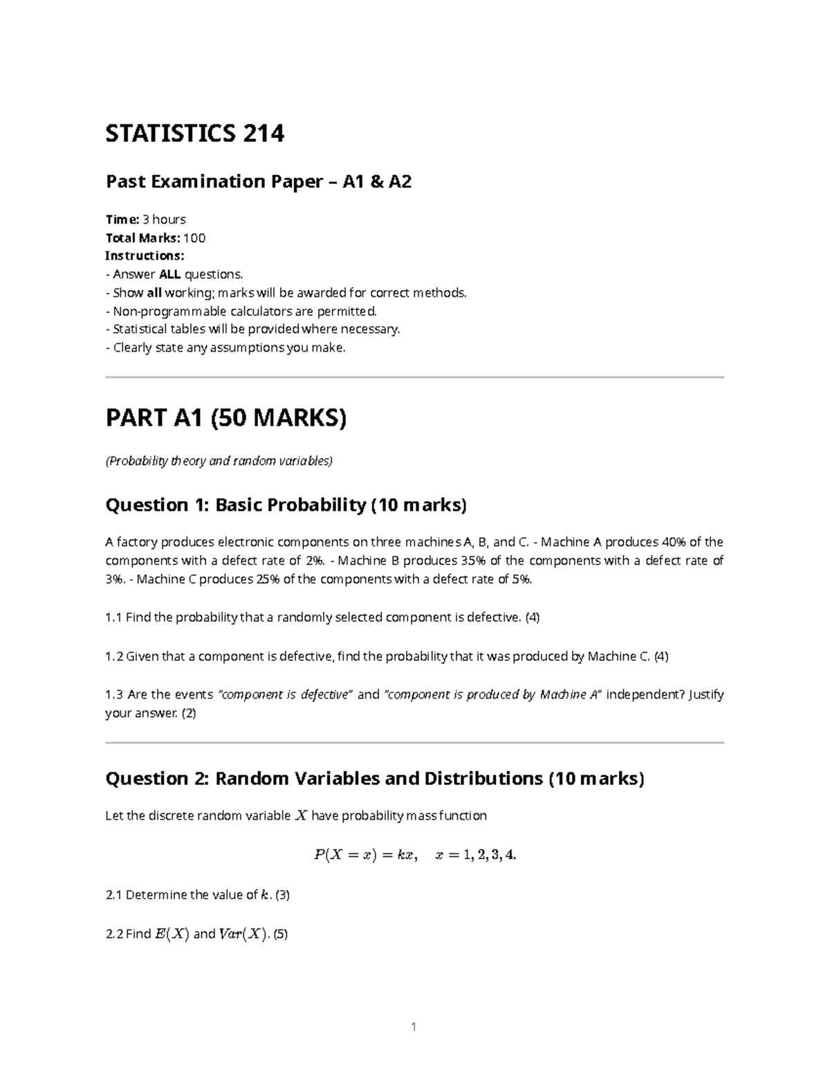 Statistics 214 – Past Exam Paper A1 & A2: Comprehensive Review - Studocu