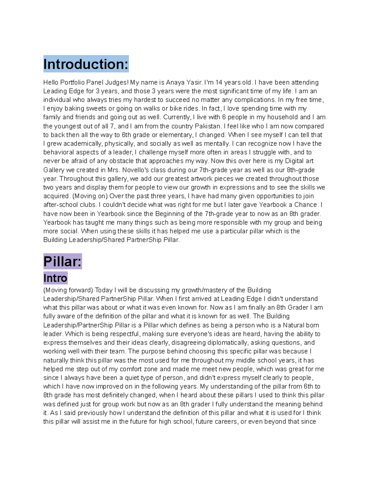Portfolio Pres 8th grade - Introduction: Hello Portfolio Panel Judges ...