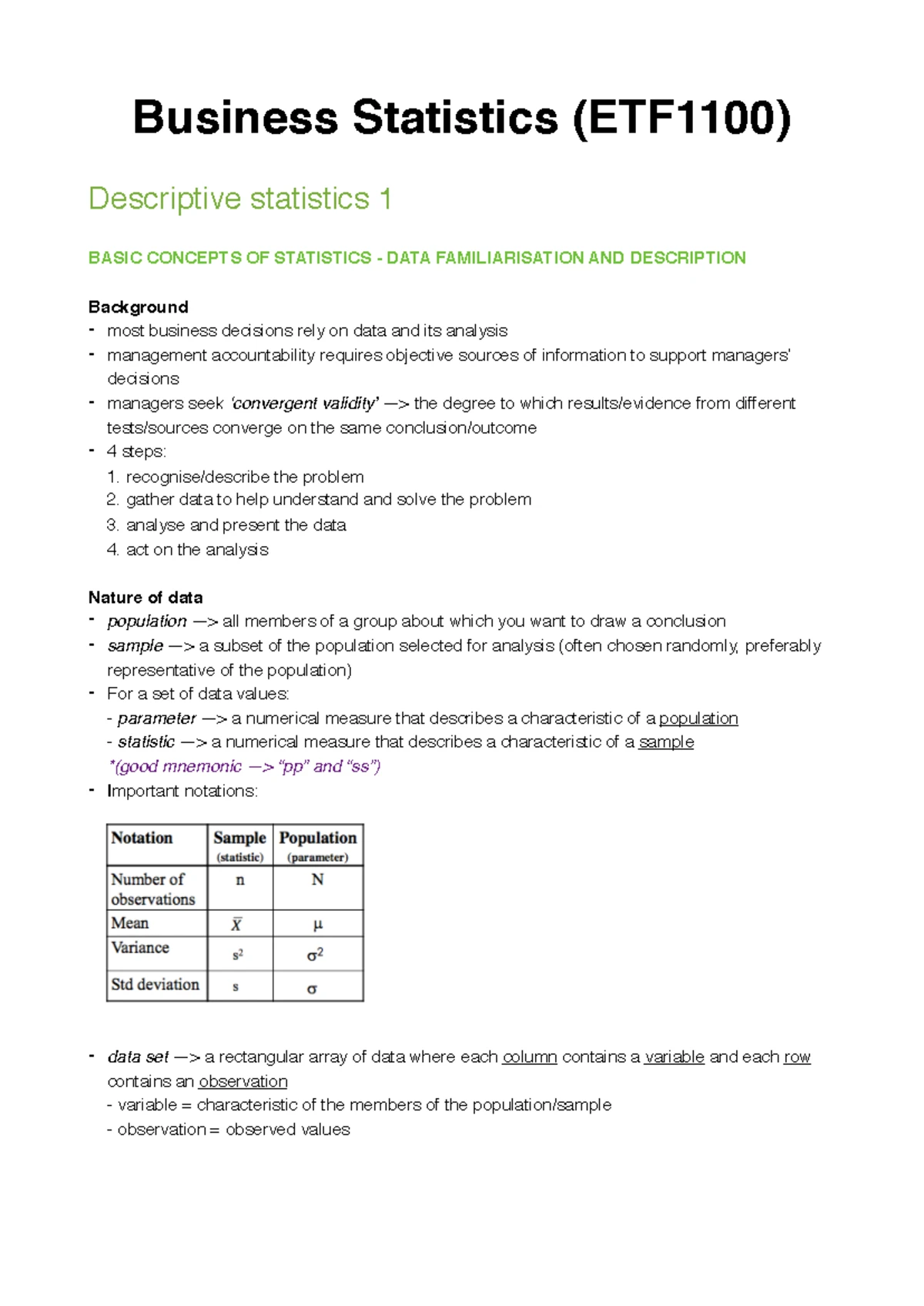 ETF1100 Final Exam Summary Notes on Business Statistics Concepts - Studocu