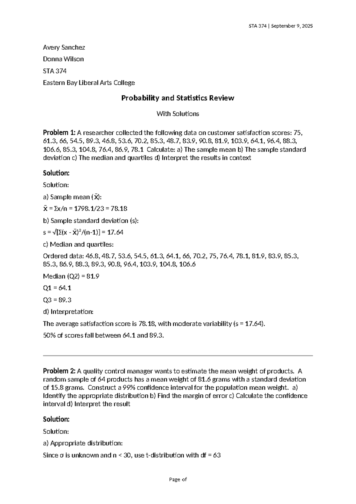 STA 374 Probability and Statistics Review with Solutions - Studocu