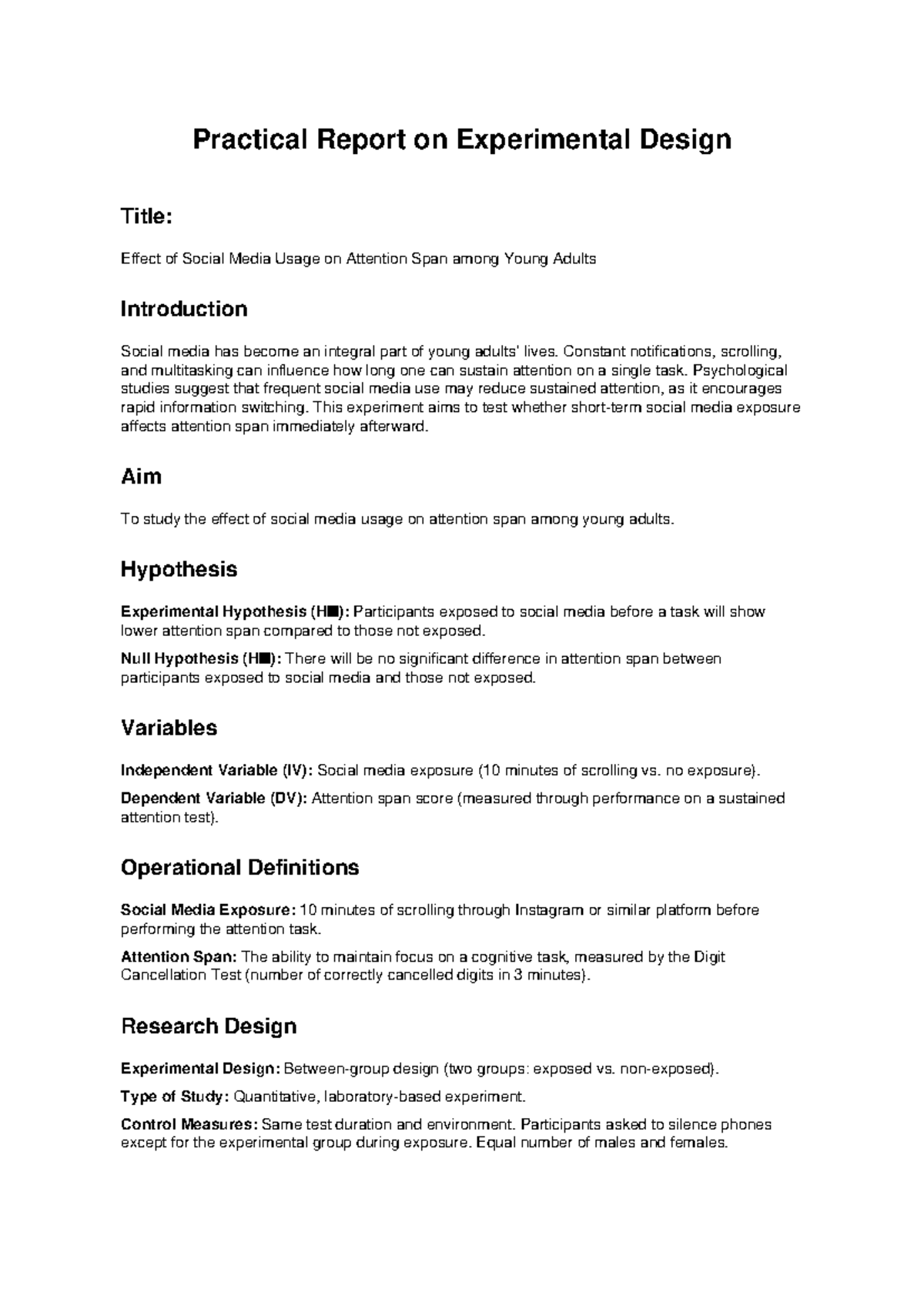 Experimental Design Report: Impact of Social Media on Attention Span ...