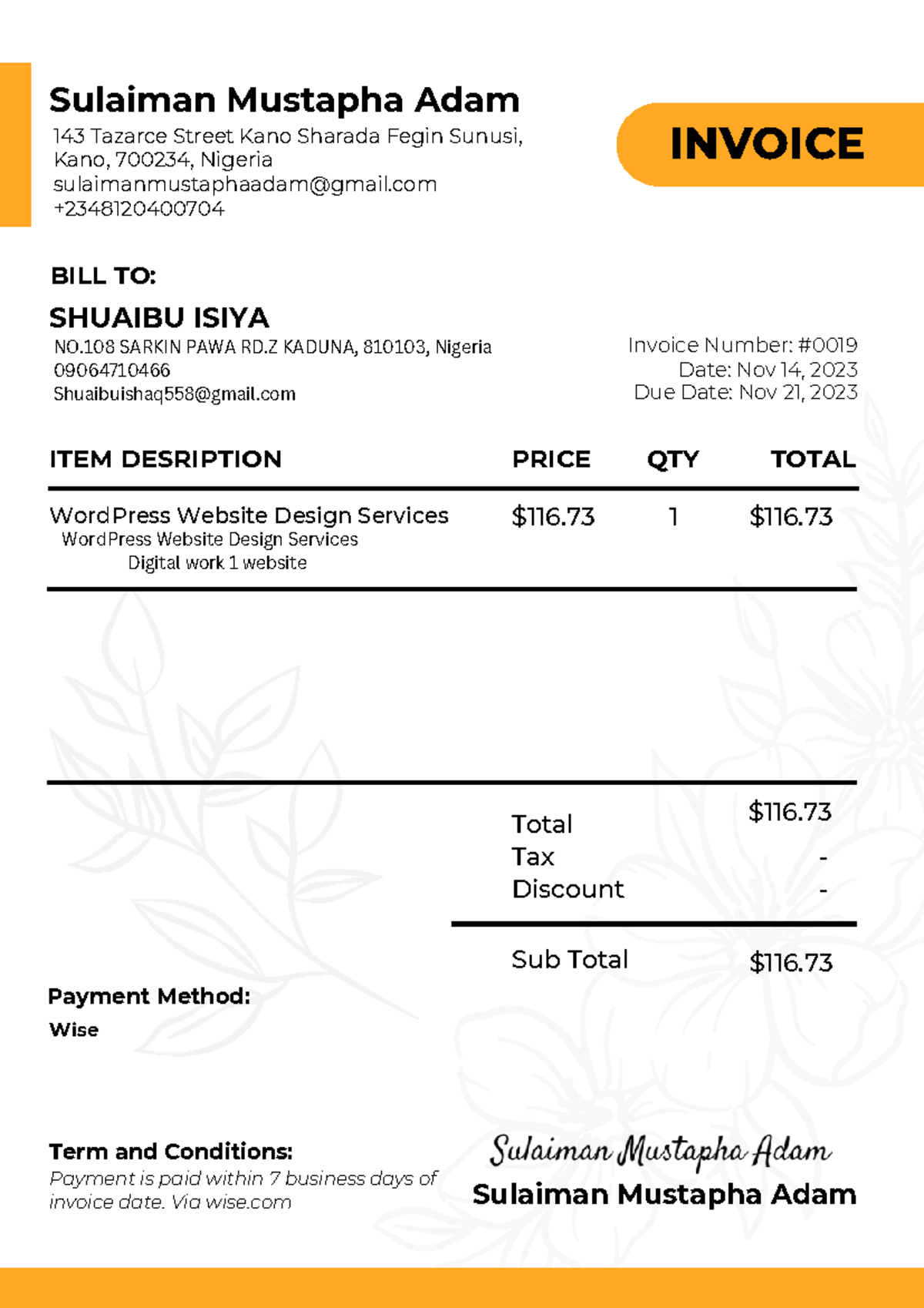 Word Press Website Design Services - Sulaiman Mustapha Adam INVOICE ...