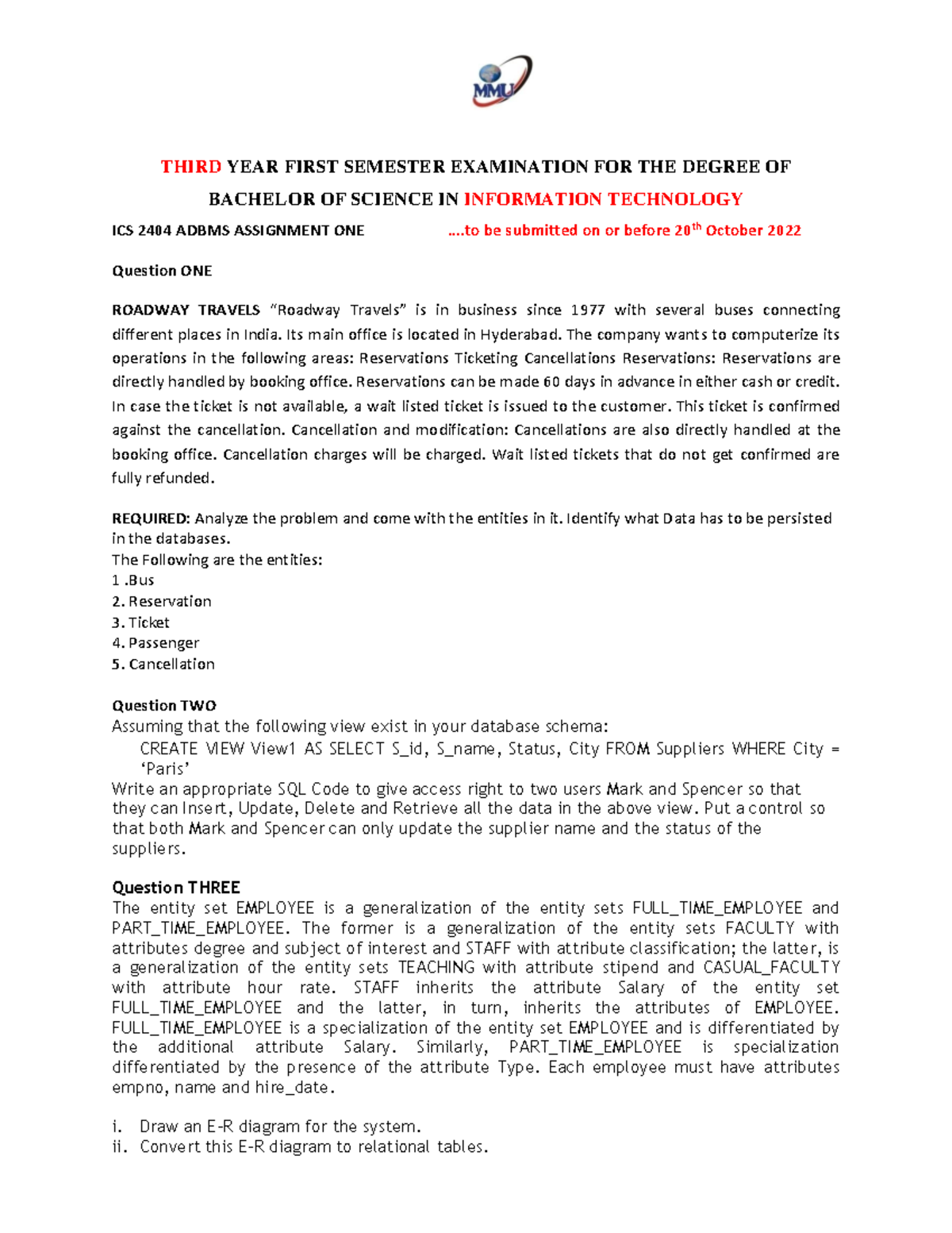 ICS 2404 Adbms Assignment ONE - THIRD YEAR FIRST SEMESTER EXAMINATION ...