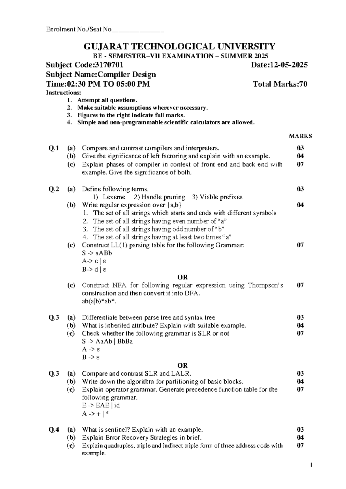 Compiler Design GTU BE Exam Paper - Summer 2025 (Code: 3170701) - Studocu