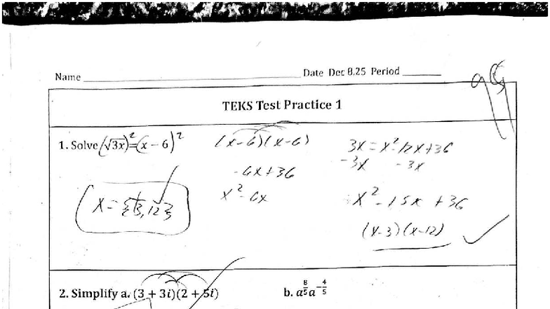TEKS Test Practice 1 - Math Solutions and Simplifications - Studocu