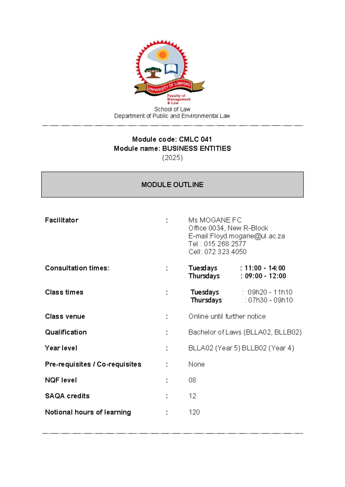 CMLC 041 Business Entities Module Outline (2025) - Studocu