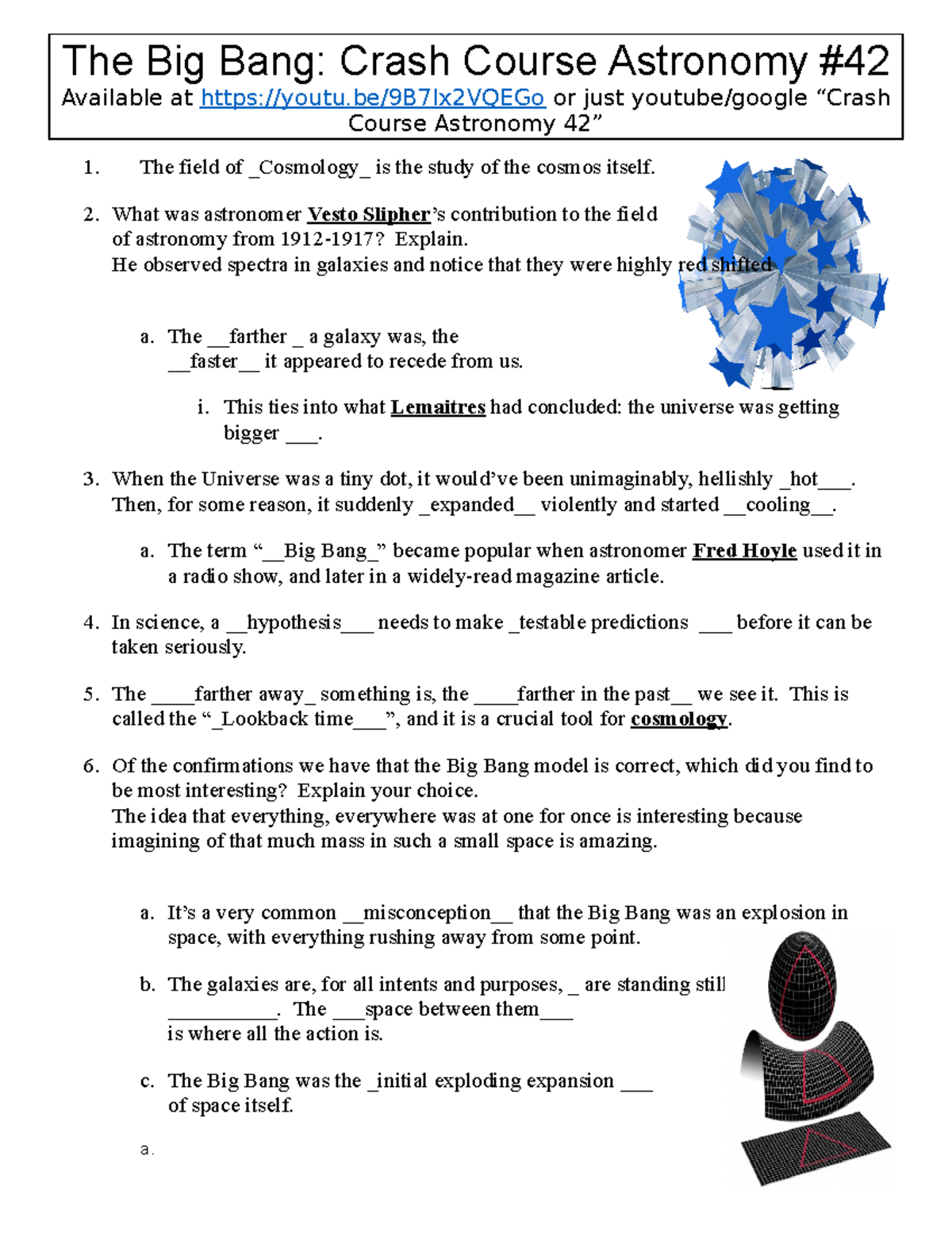 Crash Course Astronomy 42: Big Bang Cosmology Worksheet 1 Insights ...