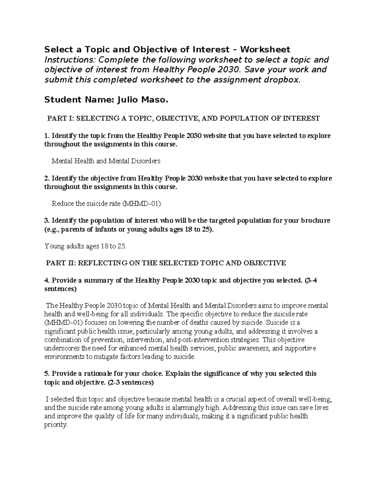 Healthy People 2030: Topic Selection Worksheet for Mental Health - Studocu