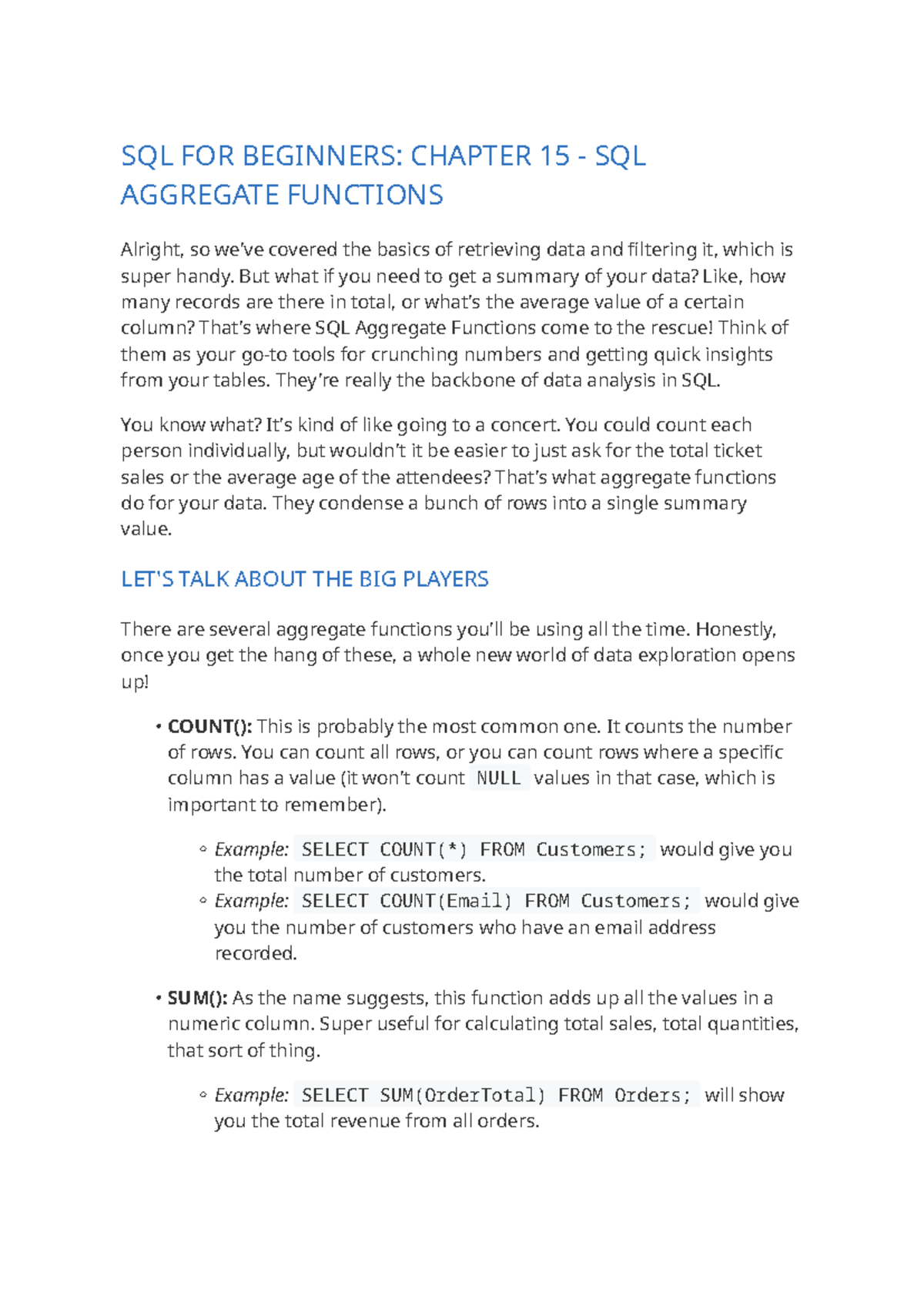 SQL 101: Chapter 15 - Understanding SQL Aggregate Functions - Studocu