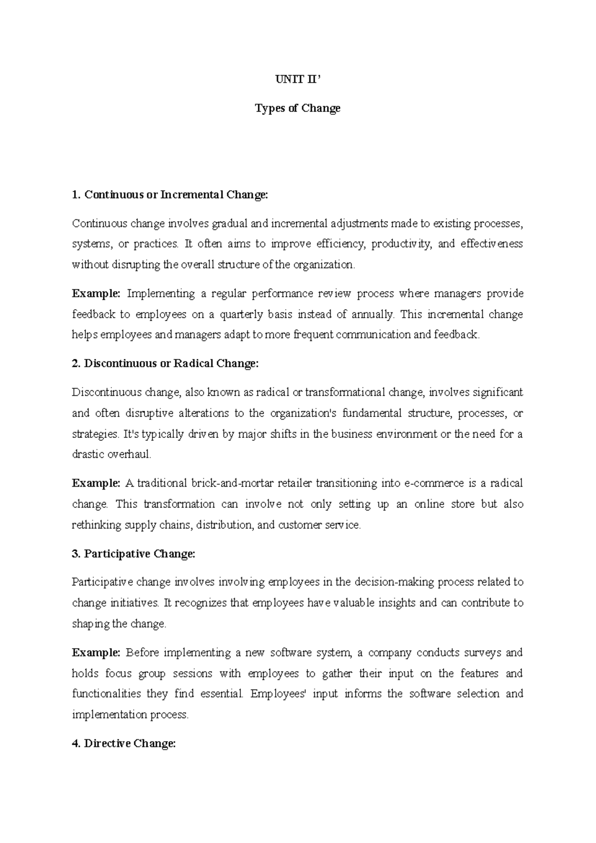 Unit II: Types of Organizational Change and Their Impacts - Studocu