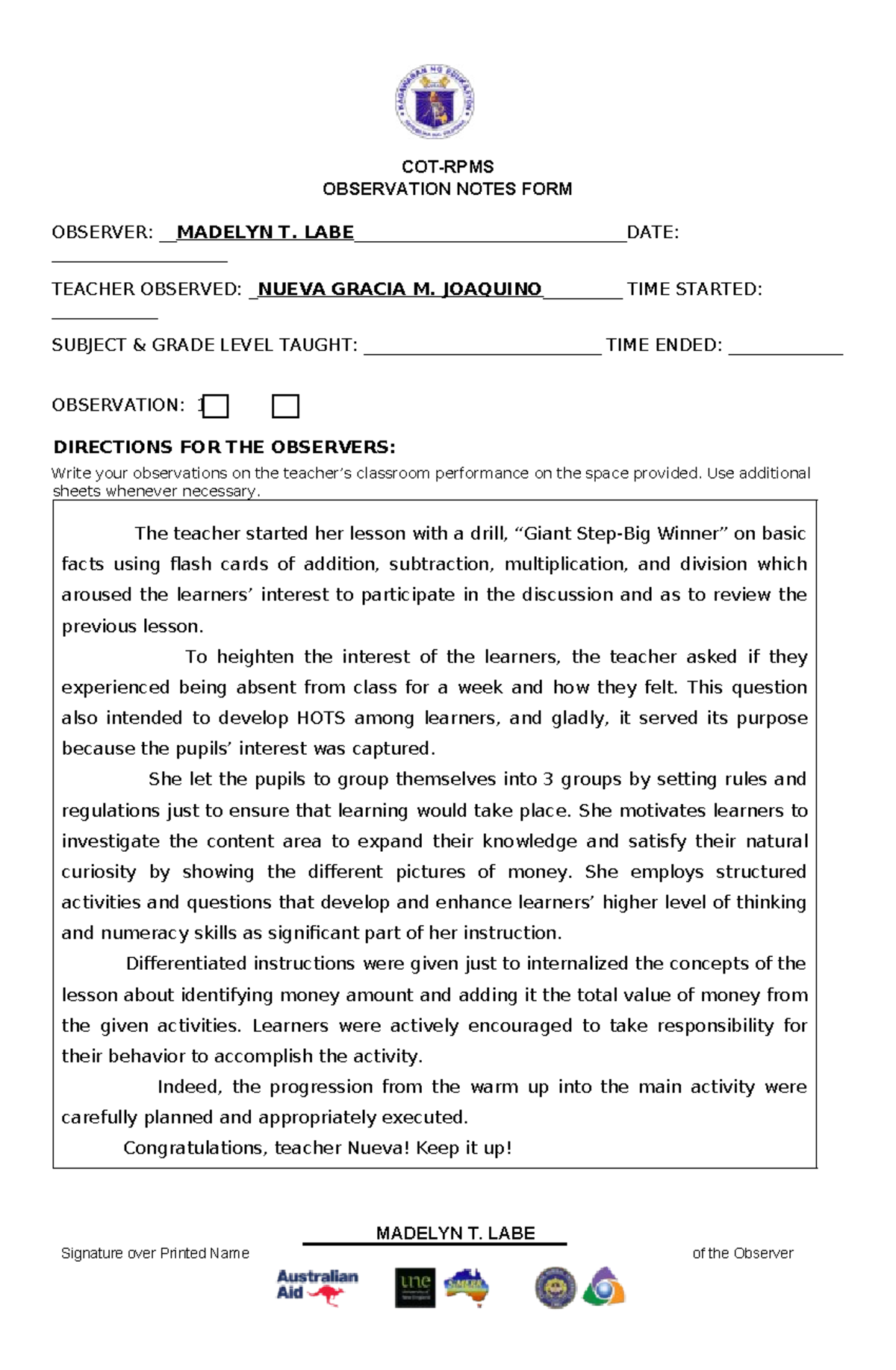 COT-RPMS Observation Notes for Teacher Nueva Gracia M. Joaquin - Studocu