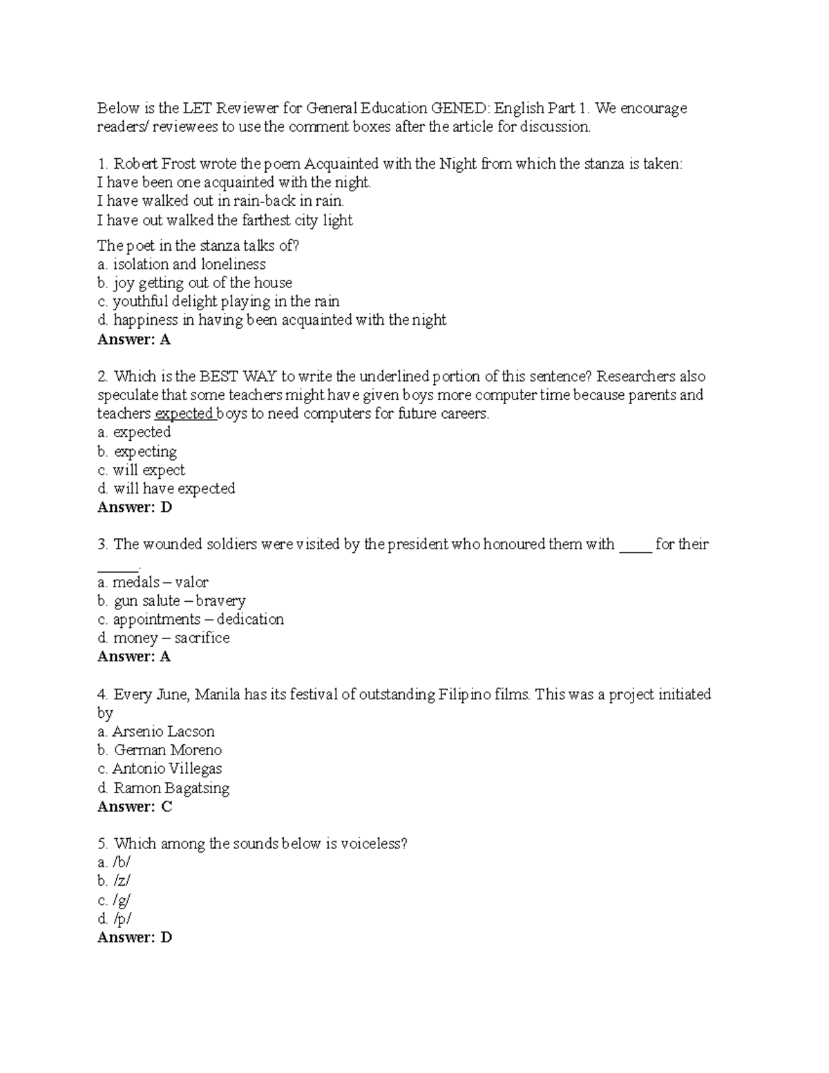 GEN ED Questions - PRACTICE EXAM FO LICENSURE EXAMINATION FOR TEACHERS ...