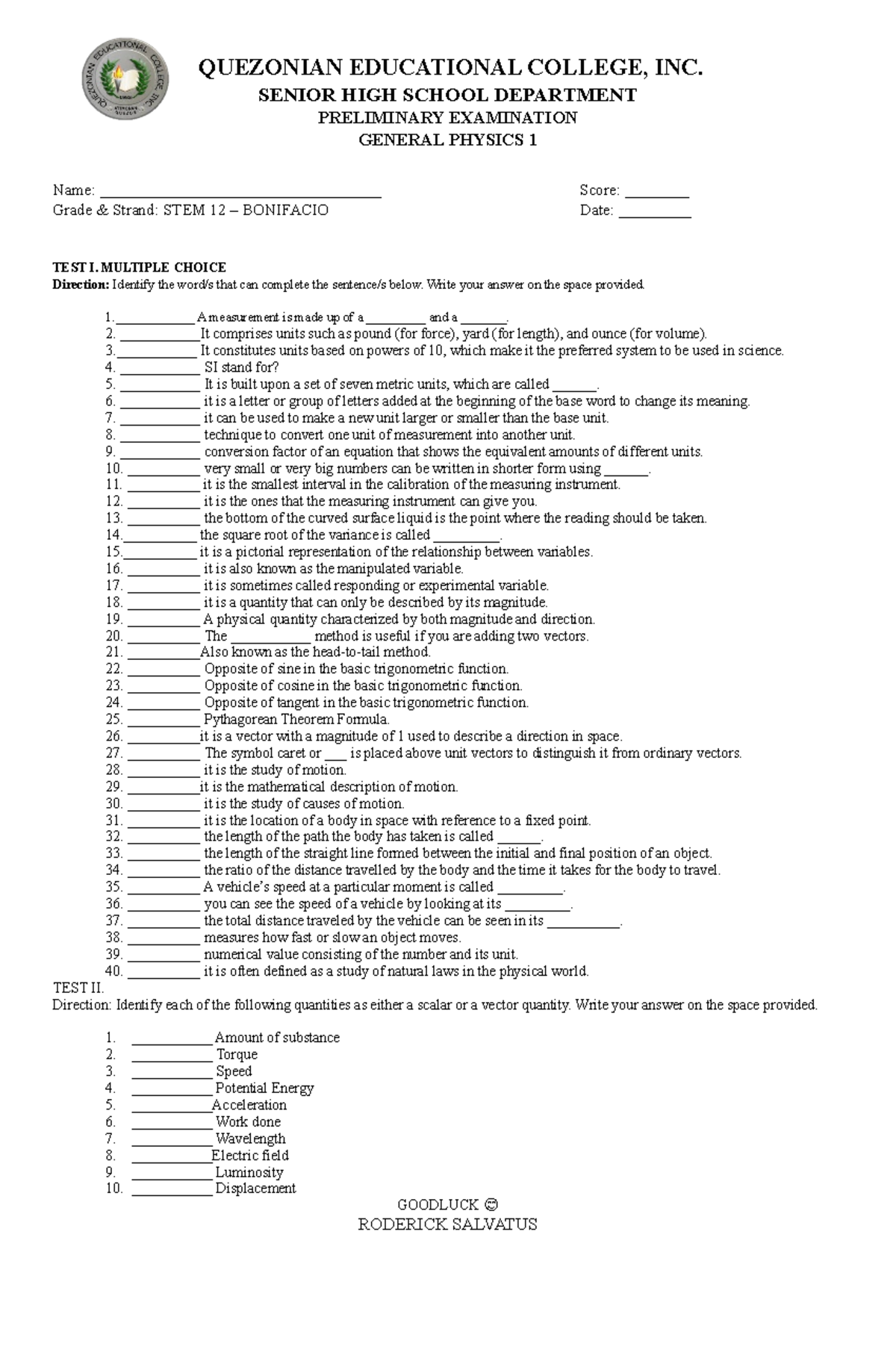 General Physics 1 Prelim Exam: Multiple Choice & Scalar/Vector ...