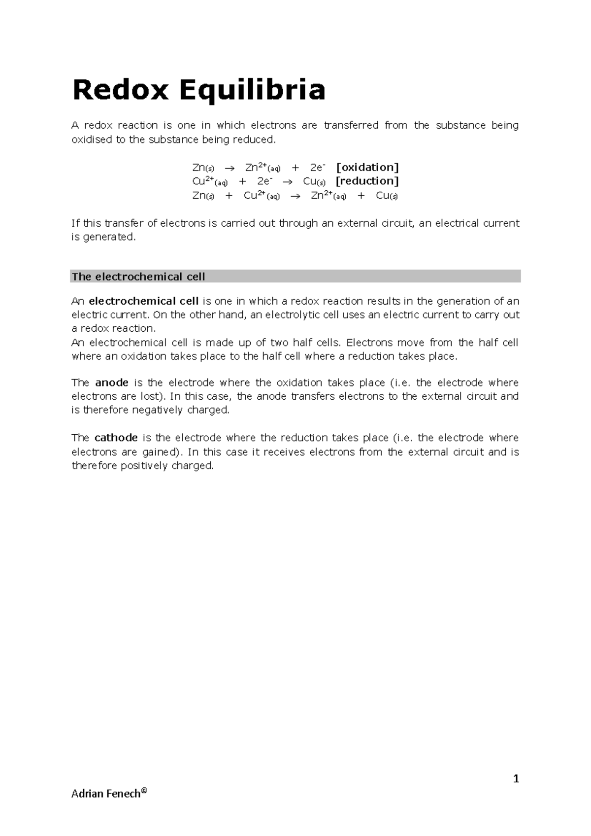 Redox Equilibria - Student Notes for Chemistry 101 - Studocu