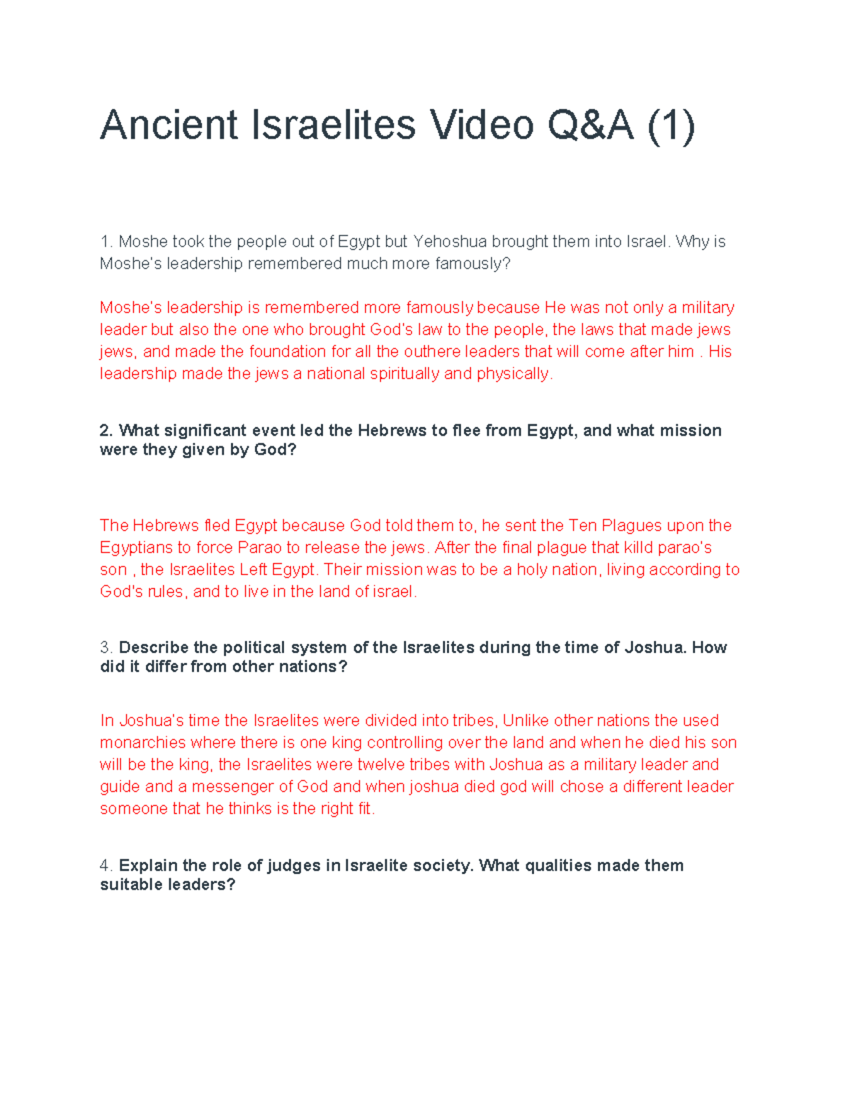Ancient Israelites Video Q&A: Insights into Leadership & Events - Studocu