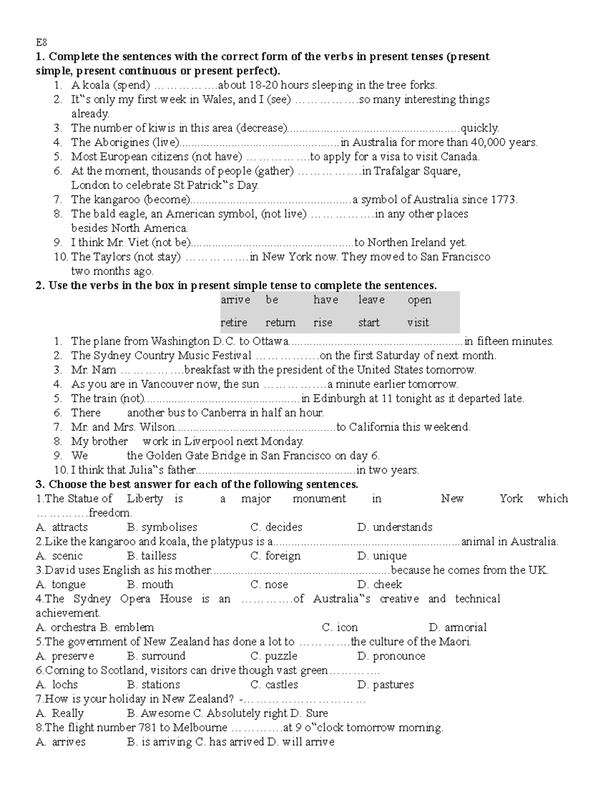 UNIT 8 - for grade 8 - Complete the sentences with the correct form of ...