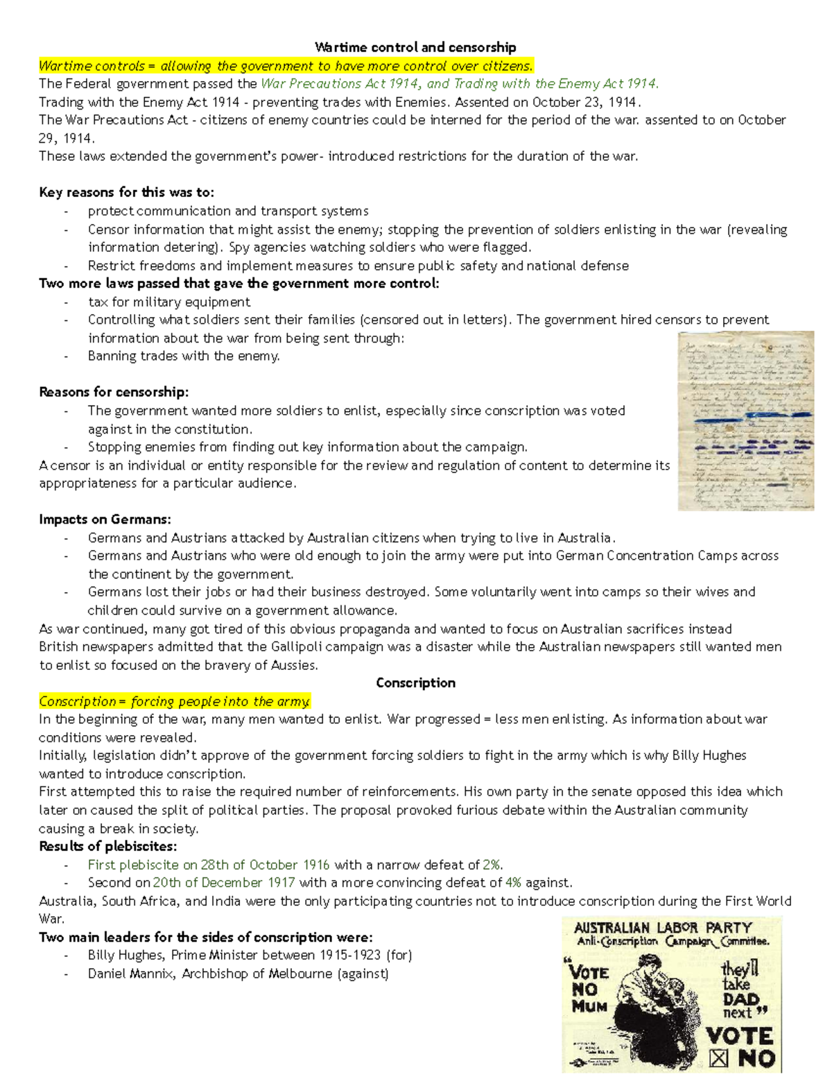 History Task 2: Wartime Control, Censorship & Conscription in WWI - Studocu