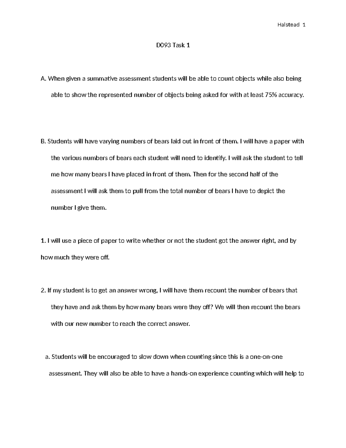 D093 Task 1: Summative Assessment on Counting Skills - Studocu