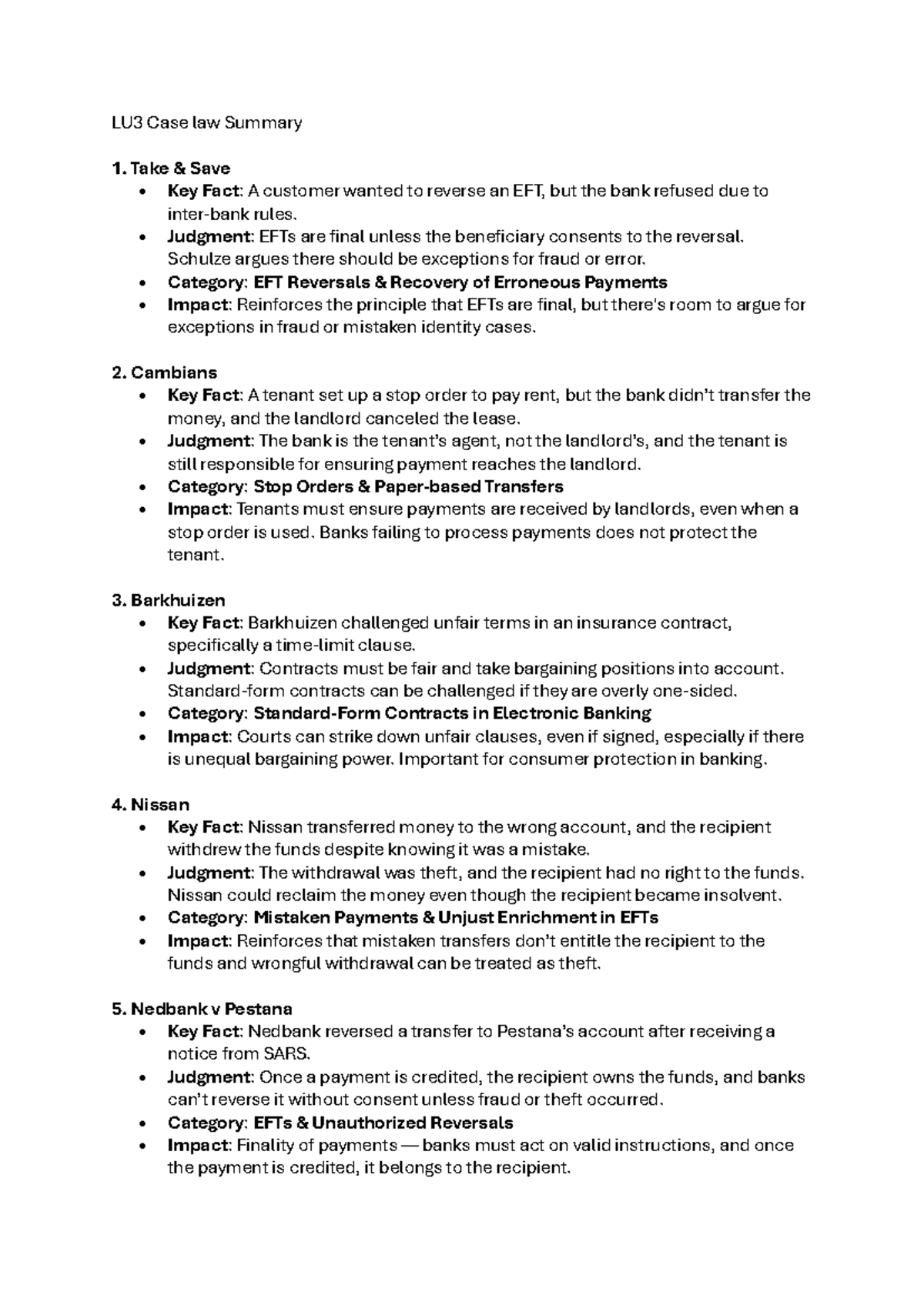 LU3 Case Law Summary on EFTs and Banking Principles - Studocu