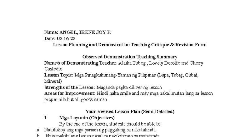 Revised Lesson Plan: Mga Bahagi ng Paaralan (EDUC 101) - Studocu