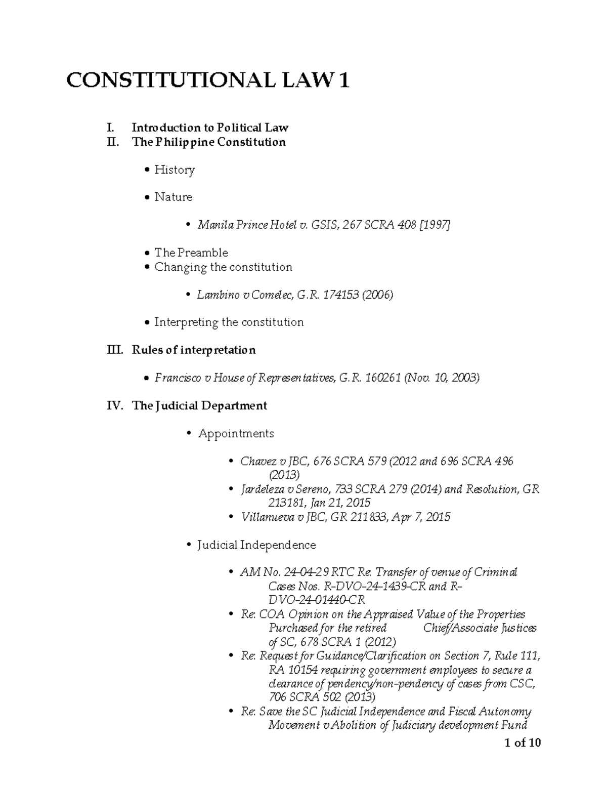 Syllabus for Constitutional Law 1 (LAW 072324) - Key Topics and Cases ...