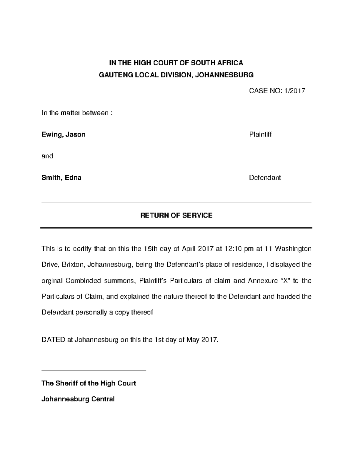 Return of Service Example in High Court Case No. 1/2017 - Studocu