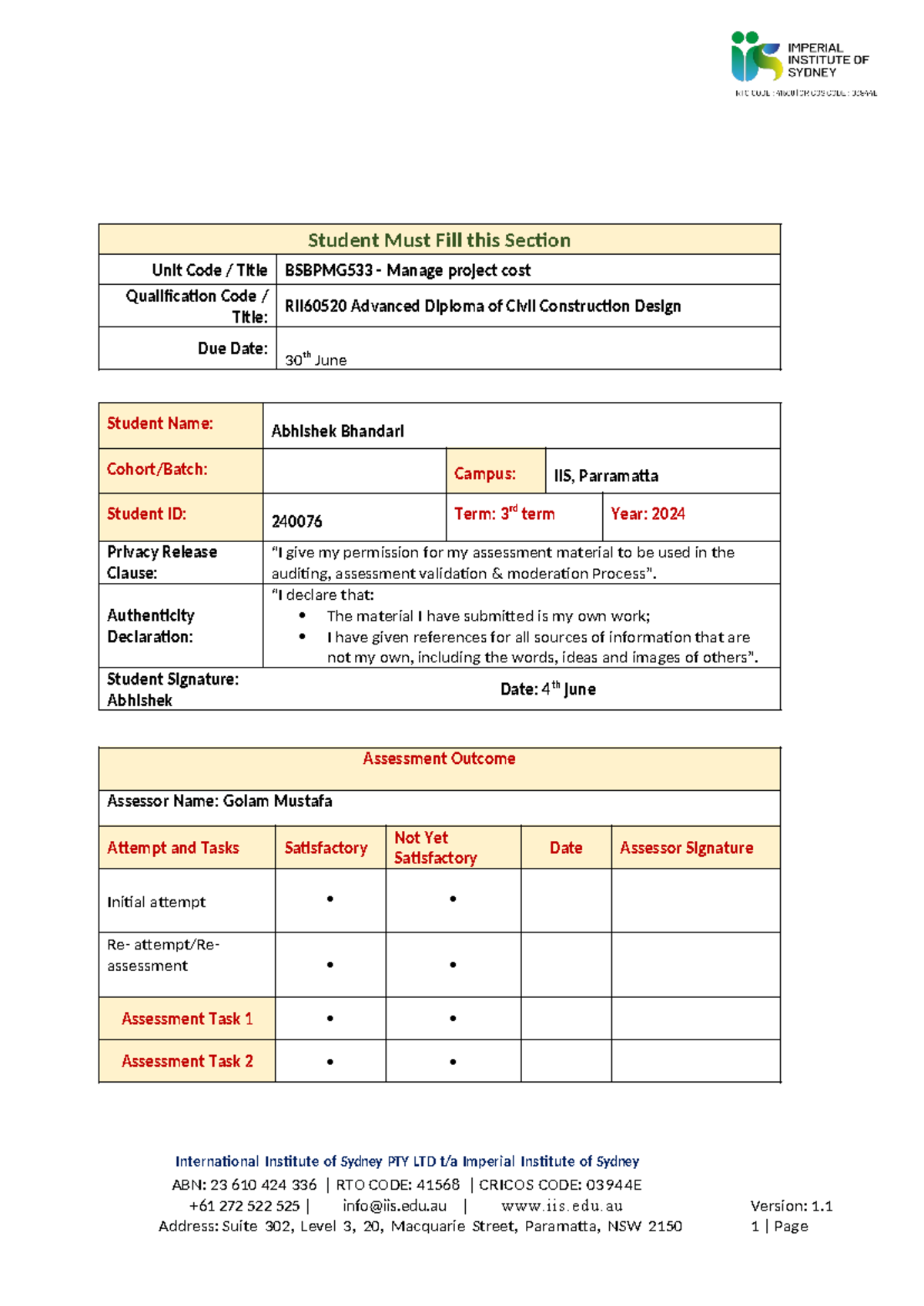 Bsbpmg 533 Student Assessment Tasks (3) - Student Must Fill this ...