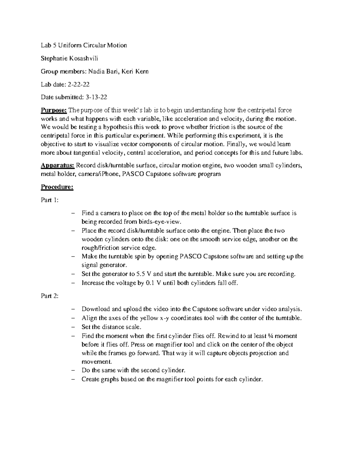Lab 5 - Exploring Centripetal Force in Uniform Circular Motion - Studocu