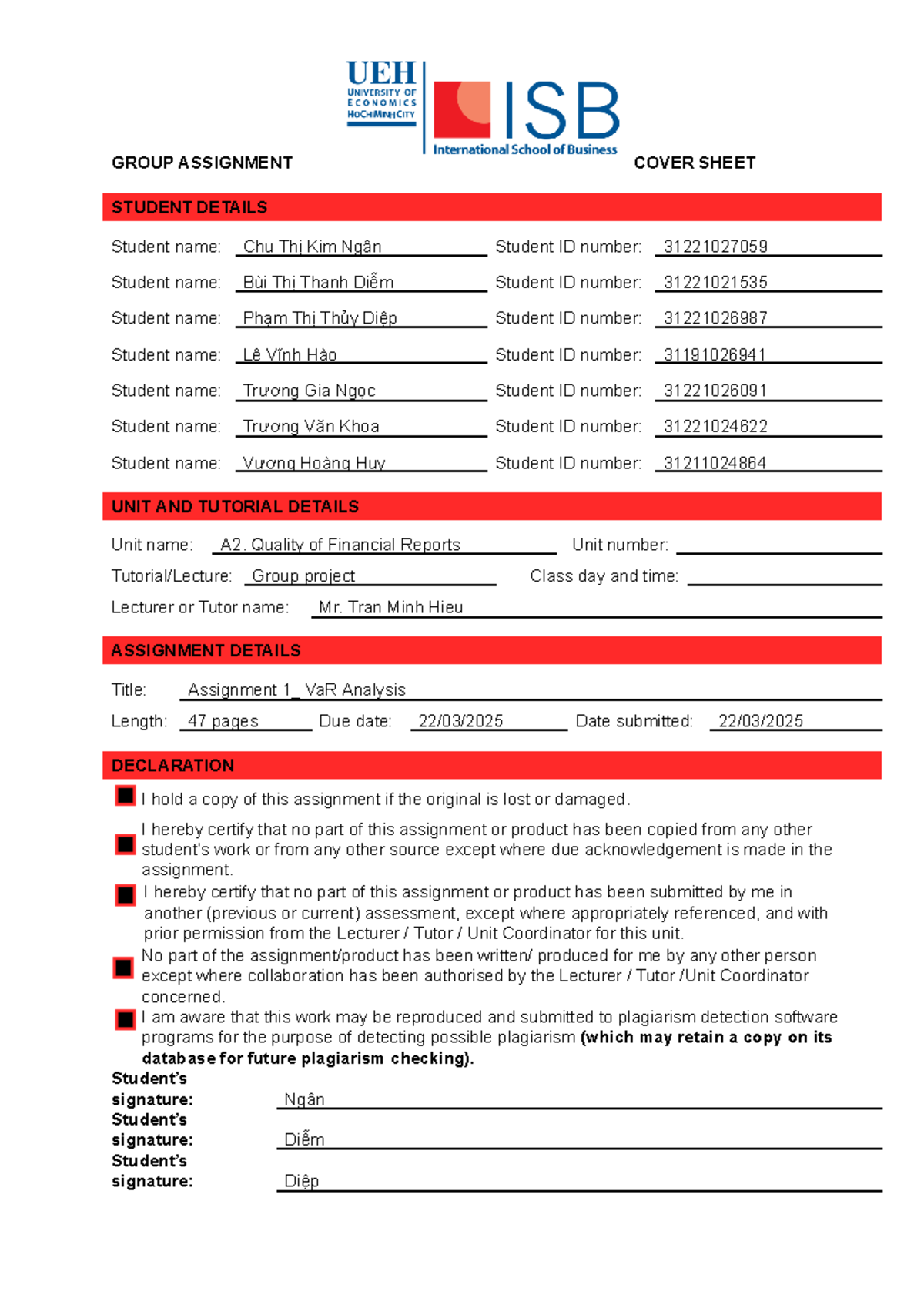 A2 - Group Assignment Cover Sheet & VaR Analysis Details - Studocu