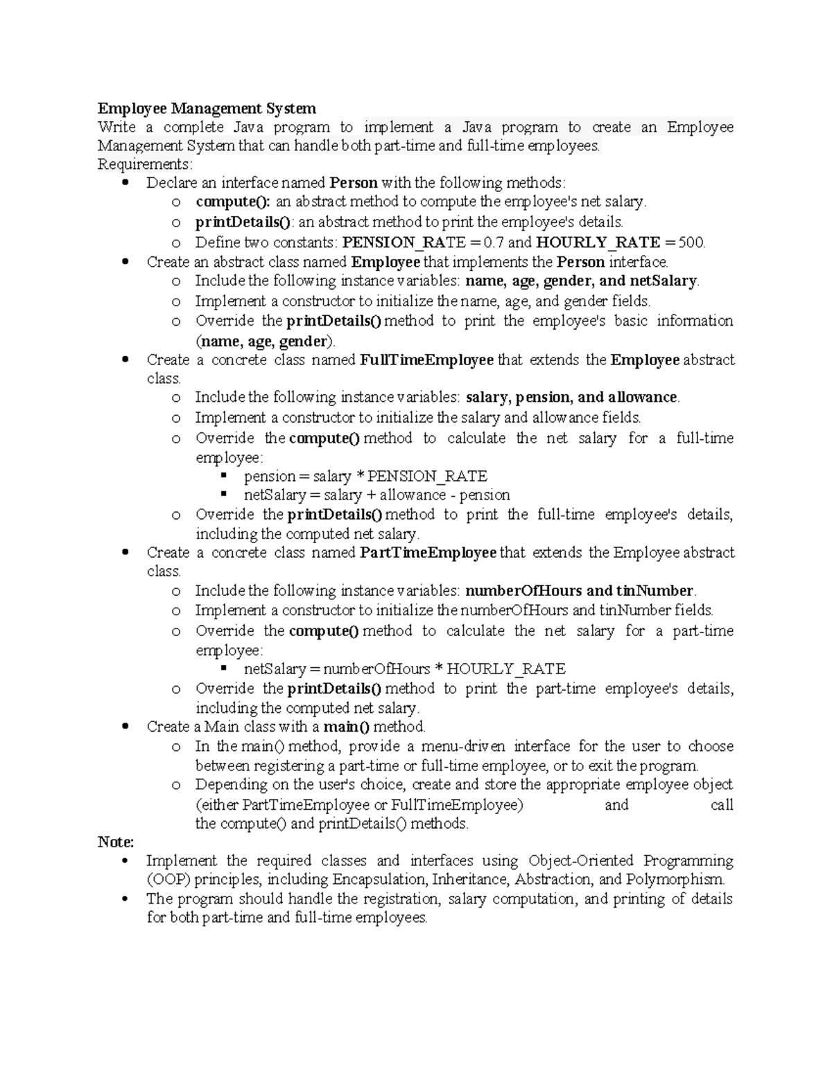 Final Exam: Java Program for Employee Management System (CS101) - Studocu
