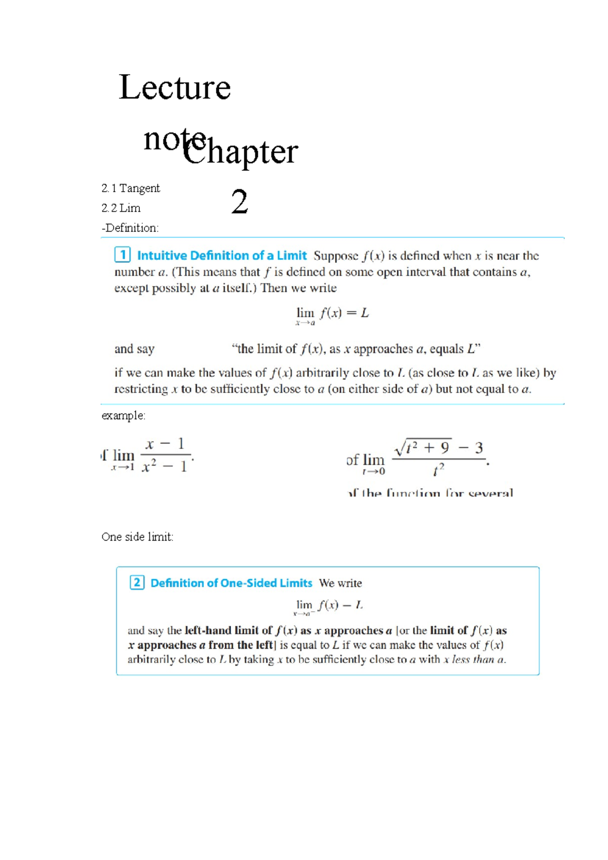 Calculus Outline - helpful - 2 Tangent 2 Lim -Definition: example: One ...