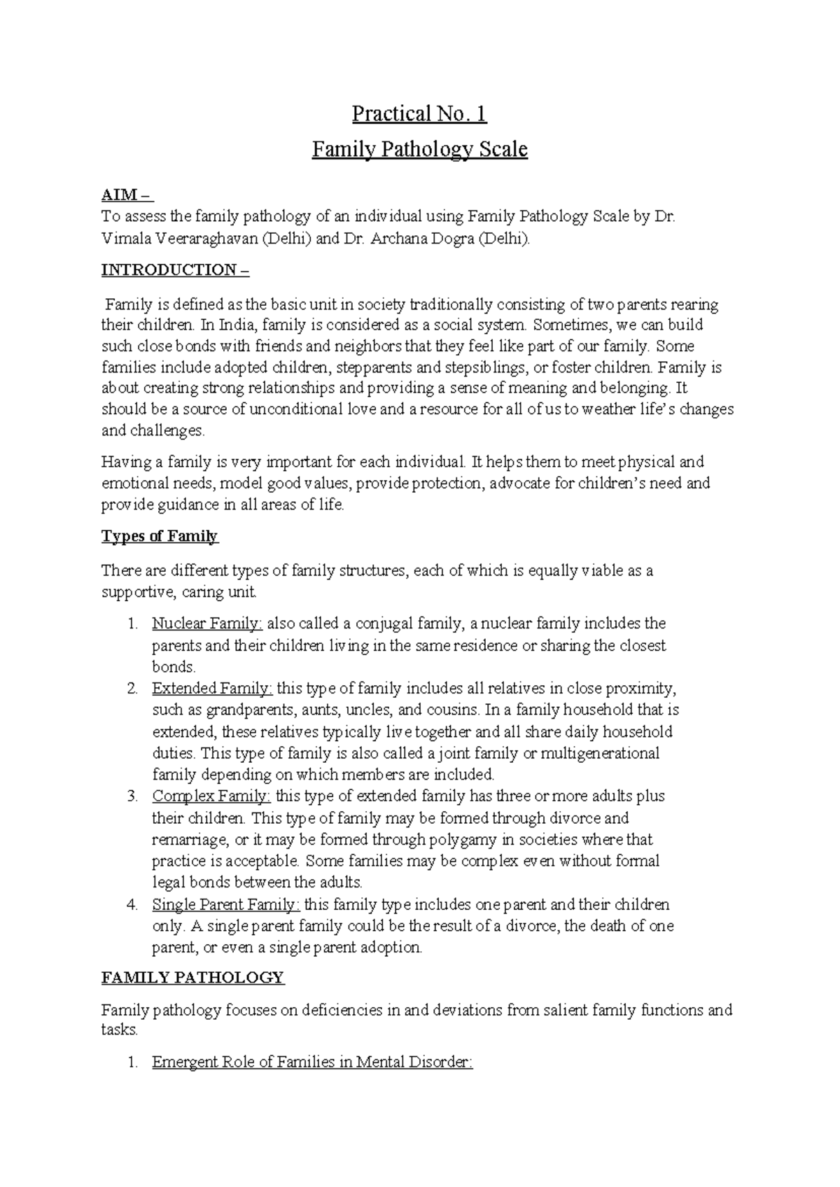Family Pathology Scale: Practical No. 1 Assessment Guide - Studocu